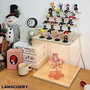 LANSCOERY Acrylic Display Case with LED Light, Clear 5 Tier Organization, Dustproof Wooden Display Box, Exclusive Showcase for Collectibles, Mini Figures and Funko Pop, 11.8x11x11.8inch