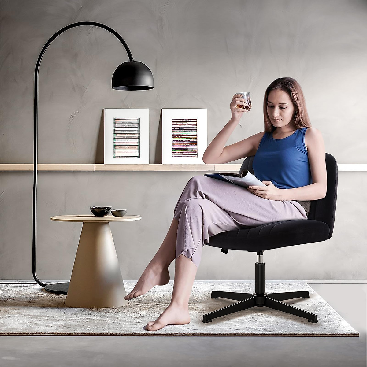 IWMH Criss Cross Chair, Velvet Armless Wide Office Chair no Wheels, Cross Legged Chair with Adjustable Height, Wide Seat, Desk Chair for Home, Office, Bedroom