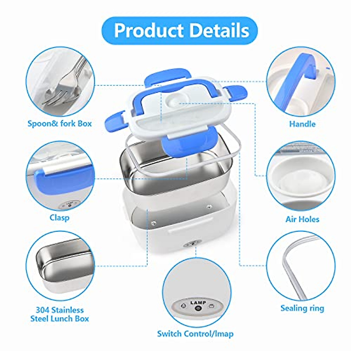 Electric Lunch Box Food Heater, Leak Proof Portable Food Warmer, 3-In-1 Lunch Heating Microwave for Car/Truck/Home, Removable 304 Stainless Steel Container 1.5L, SS Fork & Spoon and Carry Bag, Blue