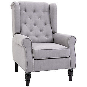 HOMCOM Mid-Century Modern Accent Chair, High Wingback Chair, Button-Tufted Upholstered Fabric Armchair with Retro Wood Legs for Living Room, Bedroom, Gray