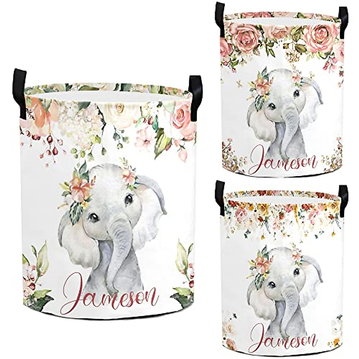 Personalized Laundry Basket for Boys Girls with Name Flowers Custom Baby Laundry Hamper with Handle Collapsible Clothes Storage Bathroom Living Room Bedroom Decor (Baby Elephant)