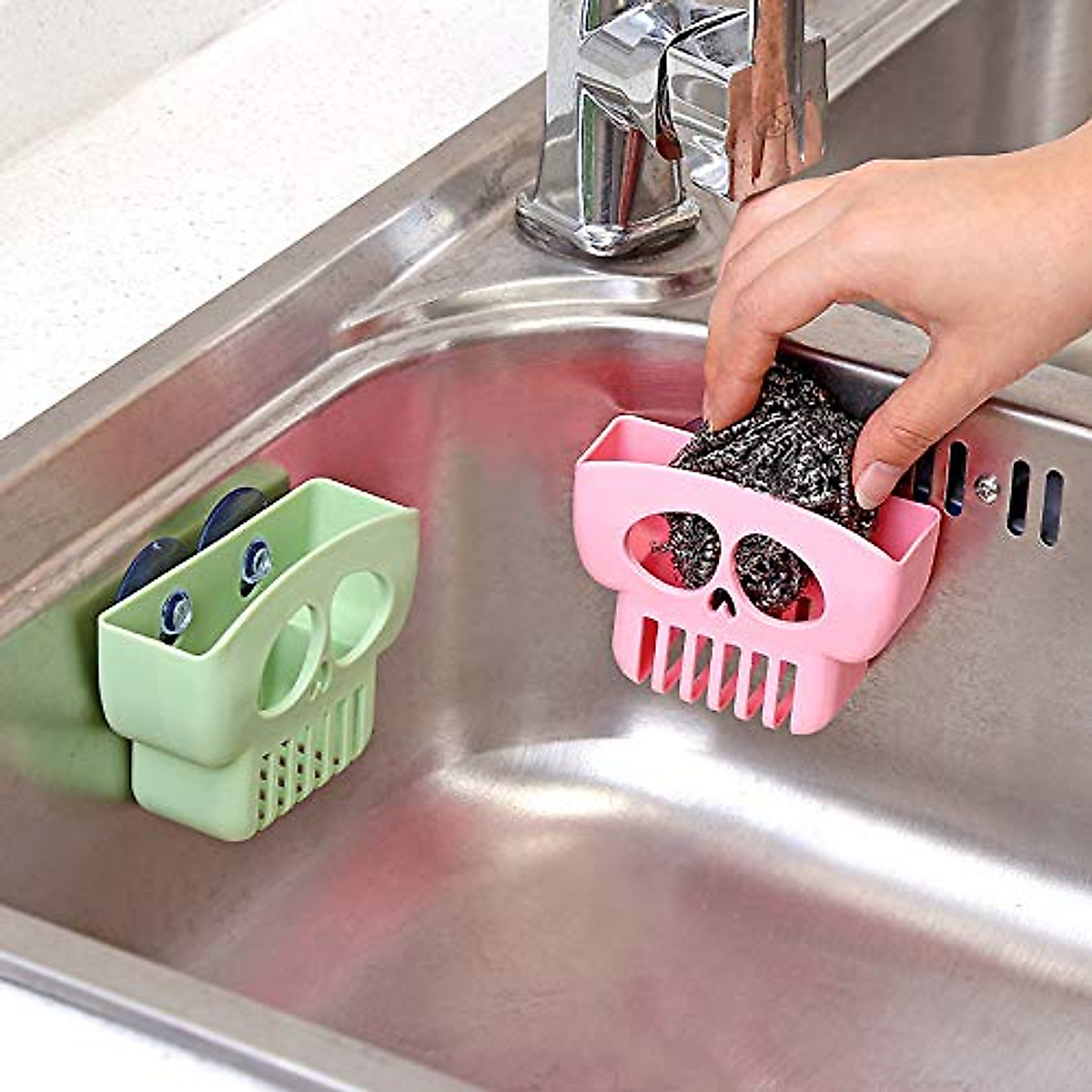 JIAWEIIY Creative Skull Shape Sponge Holder Drain Rack for Kitchen Sink Suction Cup Plastic Brush Caddy Storage Box Shelf Liquid Drainer (B)