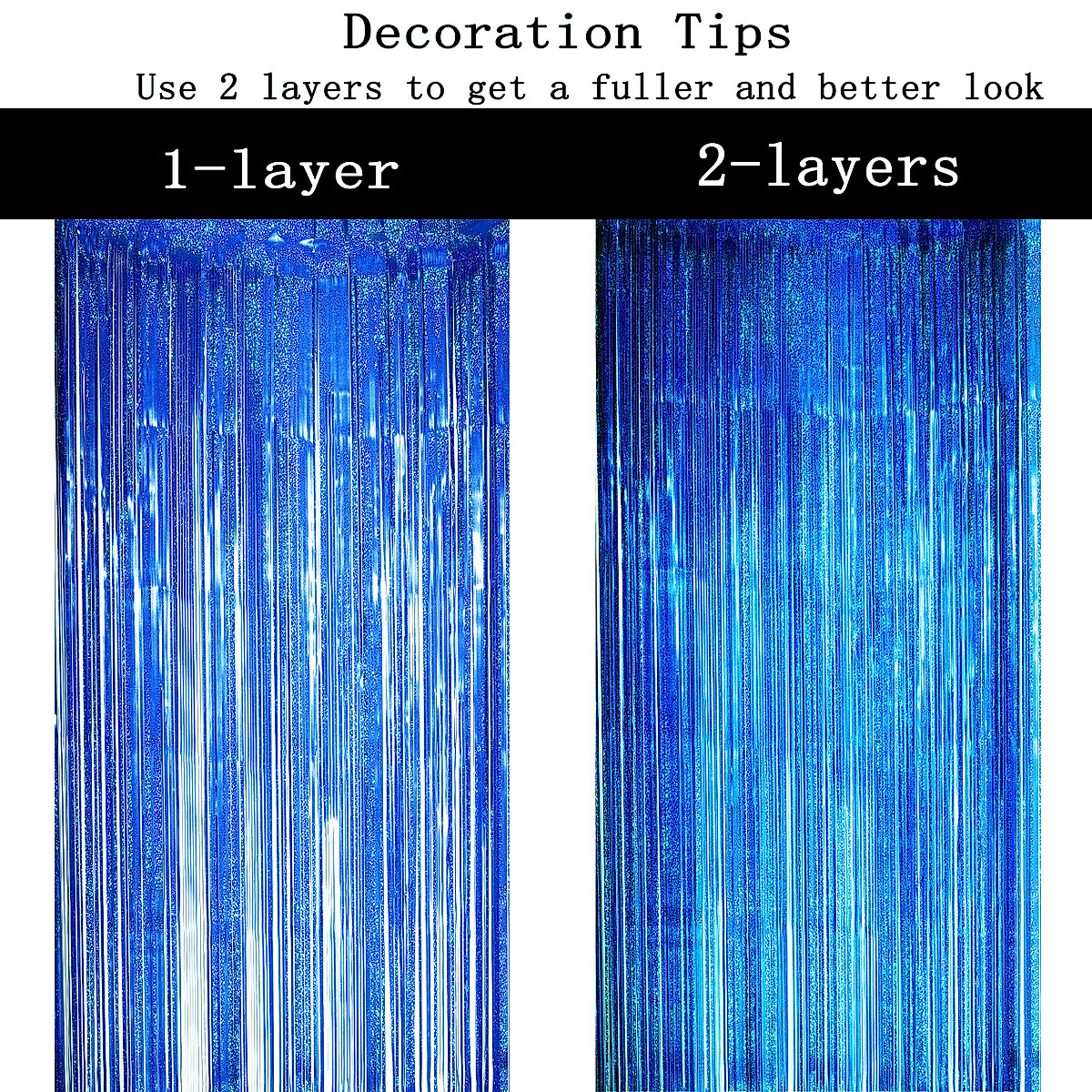 Blue Metallic Foil Fringe Curtains - Wedding Anniversary Birthday Graduation Bachelorette Retirement Christmas New Years Party Celebration Photo Booth Backdrop Decoration, 3.2 ft x 9.8 ft, 2pc