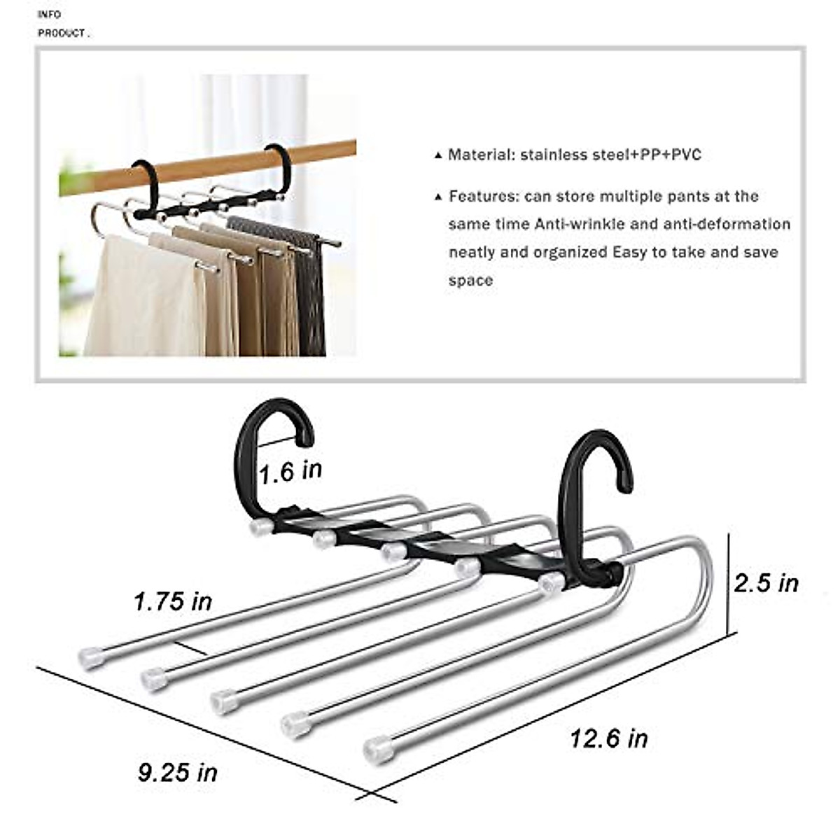 AIR&TREE 4 Pack Pants Hangers Space Saving,Anti-Rust Pants Organizer,Durable and Sturdy Installed Hangers for Pants Scarf Jeans Slack Trousers Ties Towels in Closet,5 in 1(Black)
