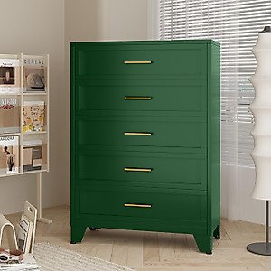 KAIFAM 5 Drawer Dresser, Dressers & Chest of Drawers for Bedroom, Metal Storage Cabinet Organizer with Drawers for Living Room, Hallway, Entryway, Home Office (Dark Green)
