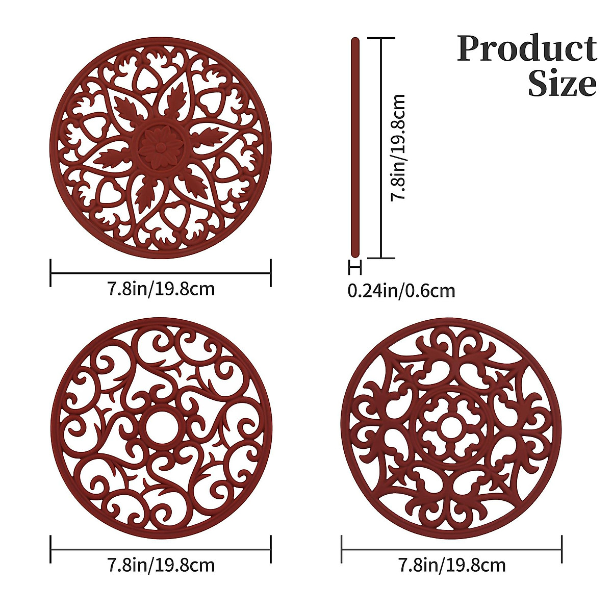 Nstezrne Trivets for Dishes,Silicone Hot Pads for Kitchen, Trivets for Hot Pots and Pans, Intricately Carved Heat Resistant Mats for Tabletop & Countertops, Silicone Trivet Mat Set 3 Burgundy