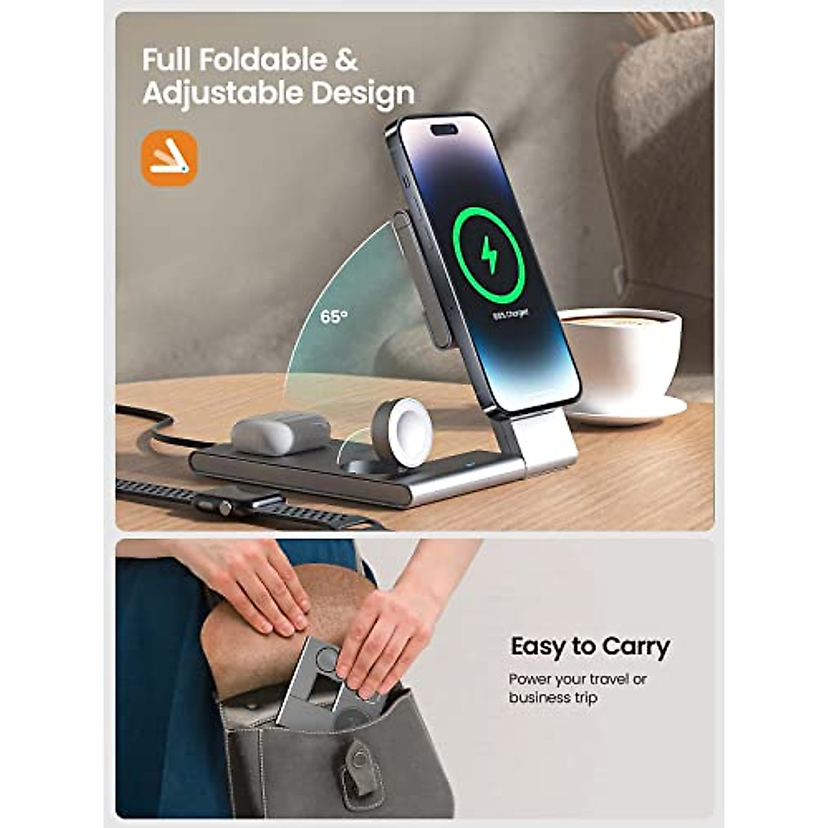 3-in-1 Foldable Magnetic Wireless Charger with MagSafe Charger Stand, Fast Magnetic Charging Station for iPhone 14/13/12 Series, iWatch 8/7/6/SE/5/4/3/2, AirPods 3/2/Pro (with QC 3.0 Adapter)