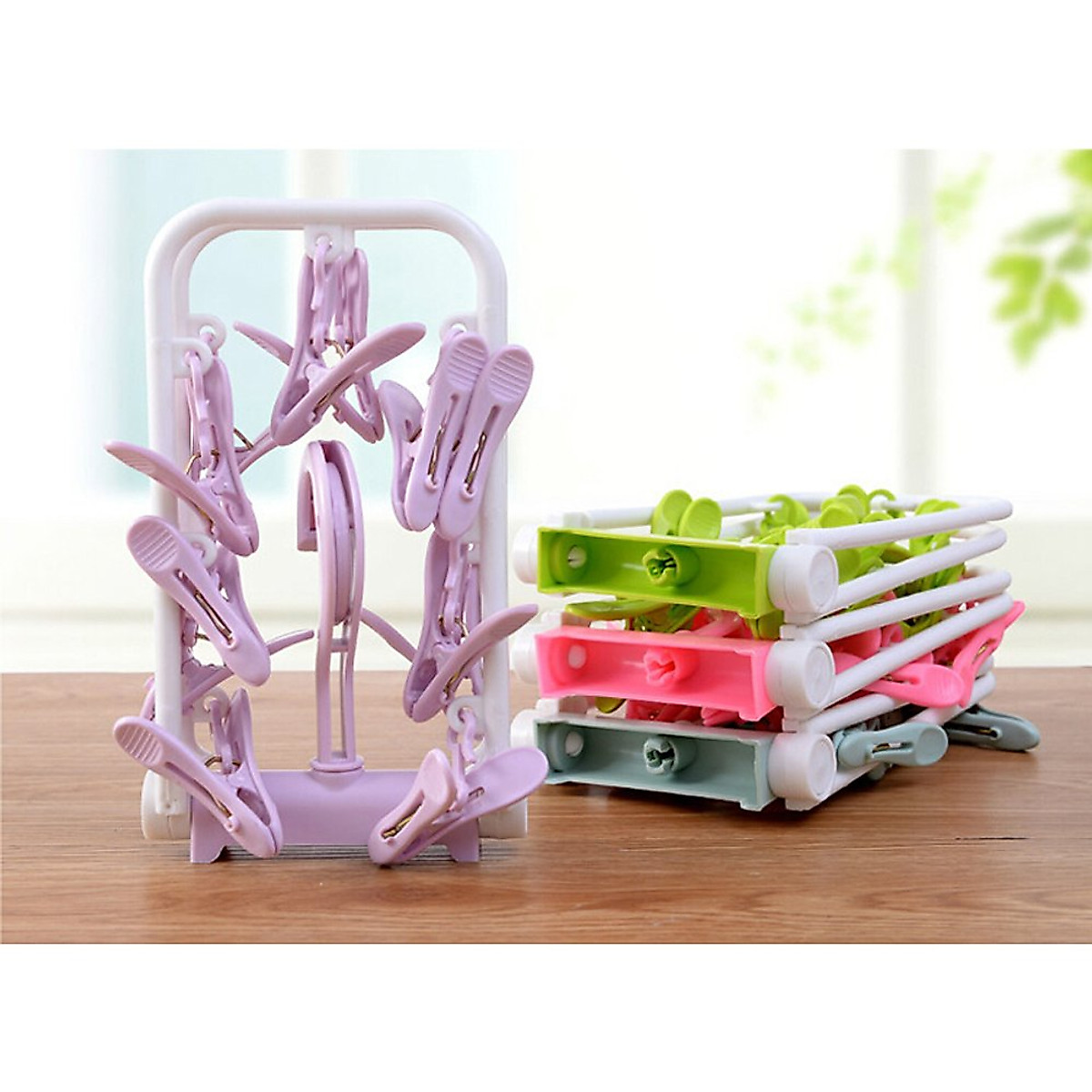 Inoutdoorkit Folding Travel Clip & Drip Hangers, Portable Plastic Clothes Underwear Socks Laundry Drying Hanger Rack With 12 Clips For Home Or Outdoor FPH12 (Light Purple)