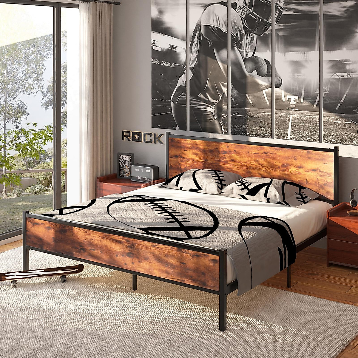 Wokerwie Full Size Wood Platform Bed Frame, with Retro Wooden Headboard and Footboard, Stable Metal Frame Support, No Box Spring Needed, Large Under Bed Storage, Easy Assembly, Noise Free, Brown