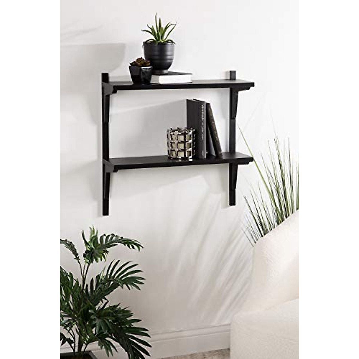 Kate and Laurel Meridien Modern Wood Shelves, 24 x 8 x 24, Black, Transitional Two Tier Wall Shelf for Storage and Display