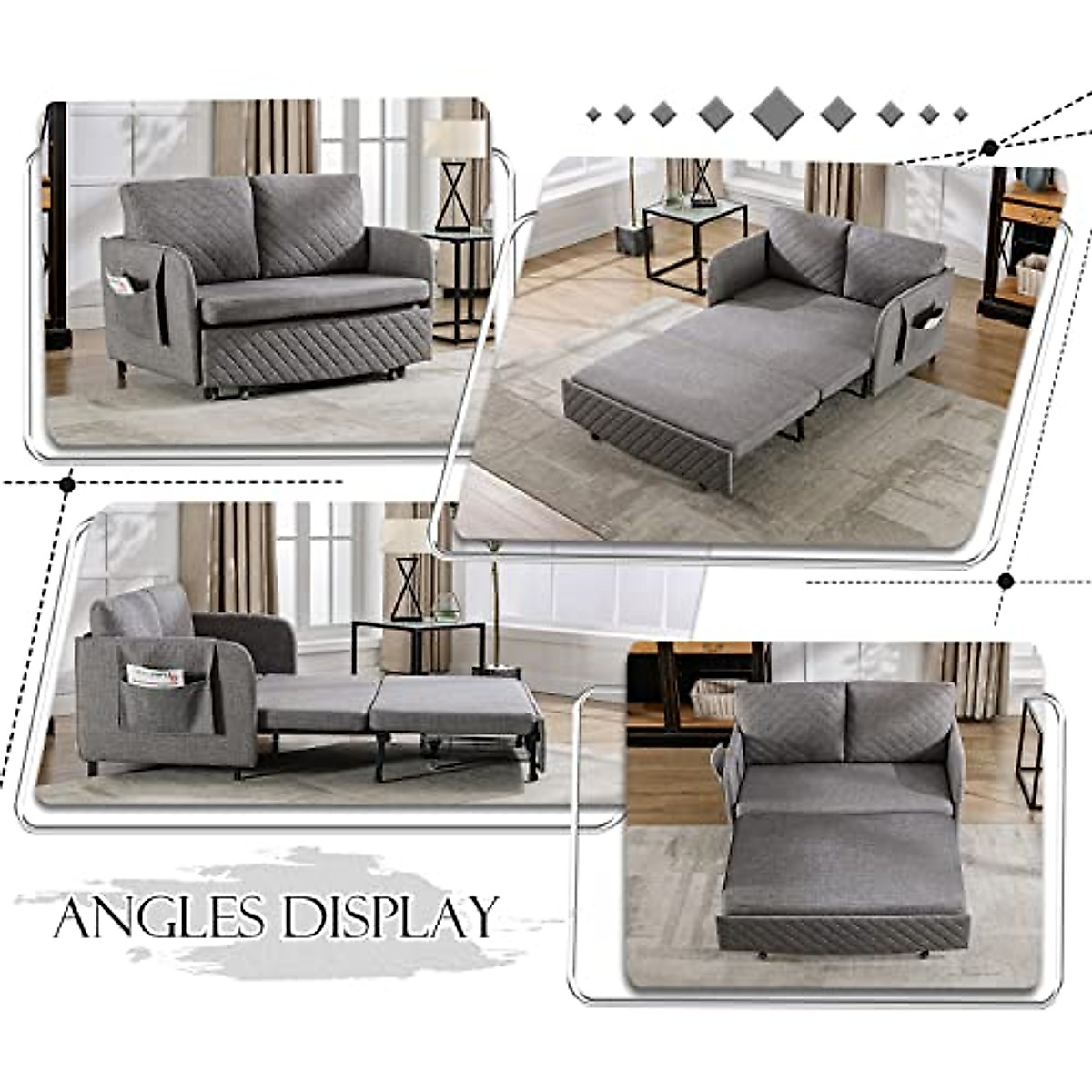 Pull Out Futon Sofa Bed, Convertible Small Loveseat Sleeper with Storage Drawer, 3 in 1 Futon Couch with Removable Pocket and 2 Pillows, Modern Love Seat for Living Room, Guest Room, Deep Grey