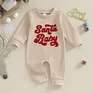 Infant Baby Boy Girl Christmas Outfit Santa Baby Embroidery Romper Long Sleeve Jumpsuit Bodysuit One Piece Outfit (A-Santa Baby Khaki, 3-6 Months)