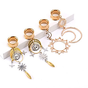 TBOSEN 2 Pairs Surgical Steel Ears Gauges Tunnels Plugs Moon Sun Design Dangle Charms Body Piercing Jewelry Earrings for Women 2g-5/8 in 6mm-16mm