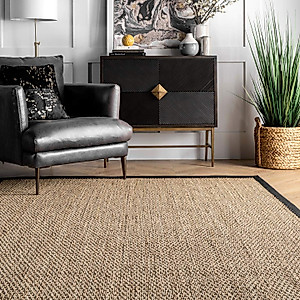 nuLOOM 8 Square Elijah Seagrass Area Rug, Black, Solid Farmhouse Style, Cotton Bordered, Basketweave, Natural Fiber, For Bedroom, Dining Room, Living Room, Hallway, Office, Kitchen, Entryway