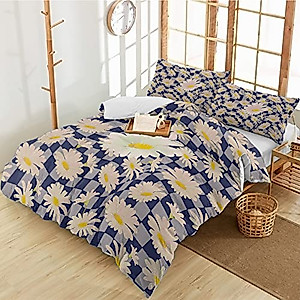 3 Pieces Duvet Cover California King Bedding Sets Blossoming Daisy Flower on Grid Luxury Soft Comforter Cover with Pillowcases Purple Lattice and Farm Burlap Microfiber Quilt Covers Set for Bedroom