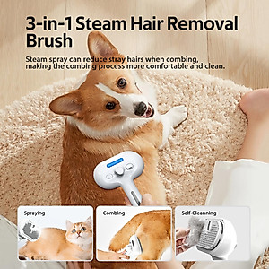 Pet Grooming Brush with Electronic Mist Spray - Gentle Deshedding Tool for Cats & Dogs, Reduces Shedding, Easy to Use, Soft Bristles, Promotes Healthy Coat-Comes with a hair smoothing comb-White