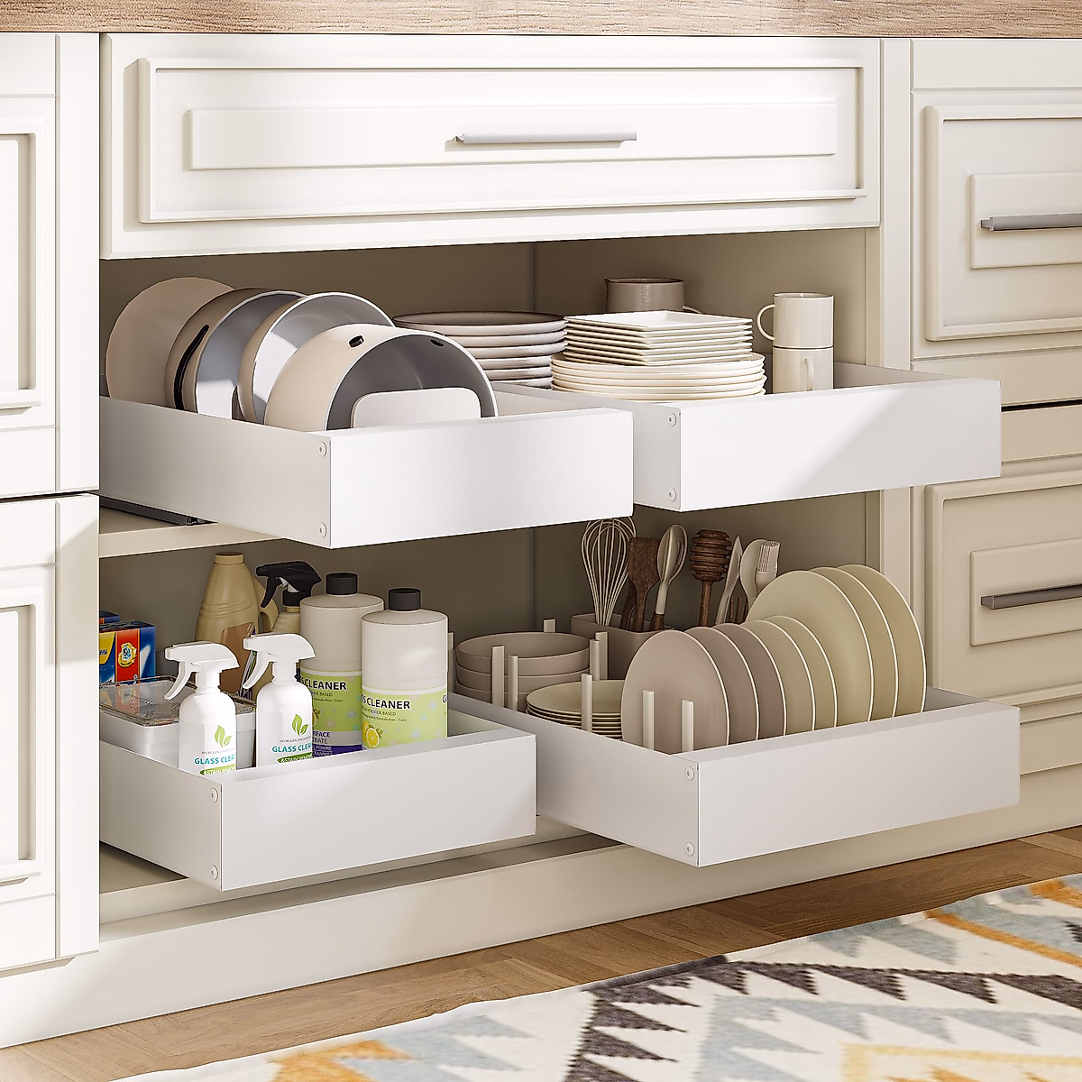 NETEL 2 Packs Pull Out Cabinet Organizer Fixed With Adhesive Nano Film, Heavy Duty Slide Out Pantry Drawers for Kitchen Cabinets, Living Room, Bathroom, 16.5" (L) x 9.8"(W) x 2.36"(H), White