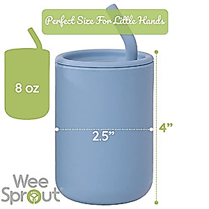 WeeSprout Silicone Baby Drinking Cup with Straws and Lids, 4 and 8 Ounces Options, Set of 2 Food Grade Toddler Training, Built In Straw Stoppers, Measurement Markings (Matte Blue, Matte Green)