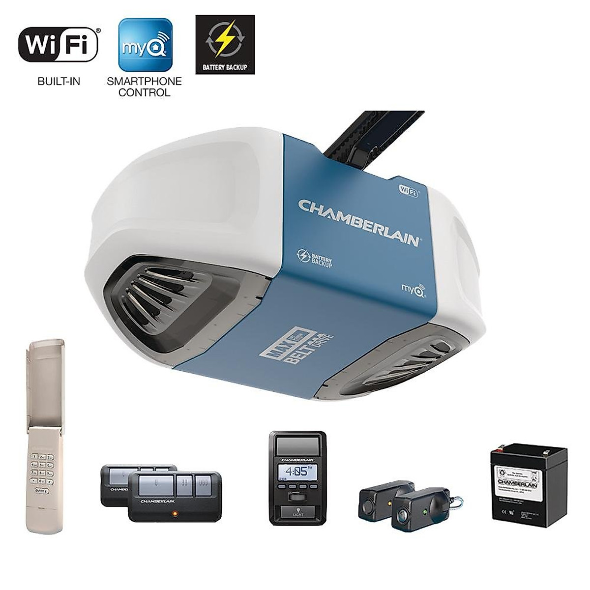Chamberlain B970T Smart Garage Door Opener with Battery Backup - myQ Smartphone Controlled - Ultra Quiet, Strong Belt Drive and MAX Lifting Power, 1.25 HP, Wireless Keypad Included, Grey