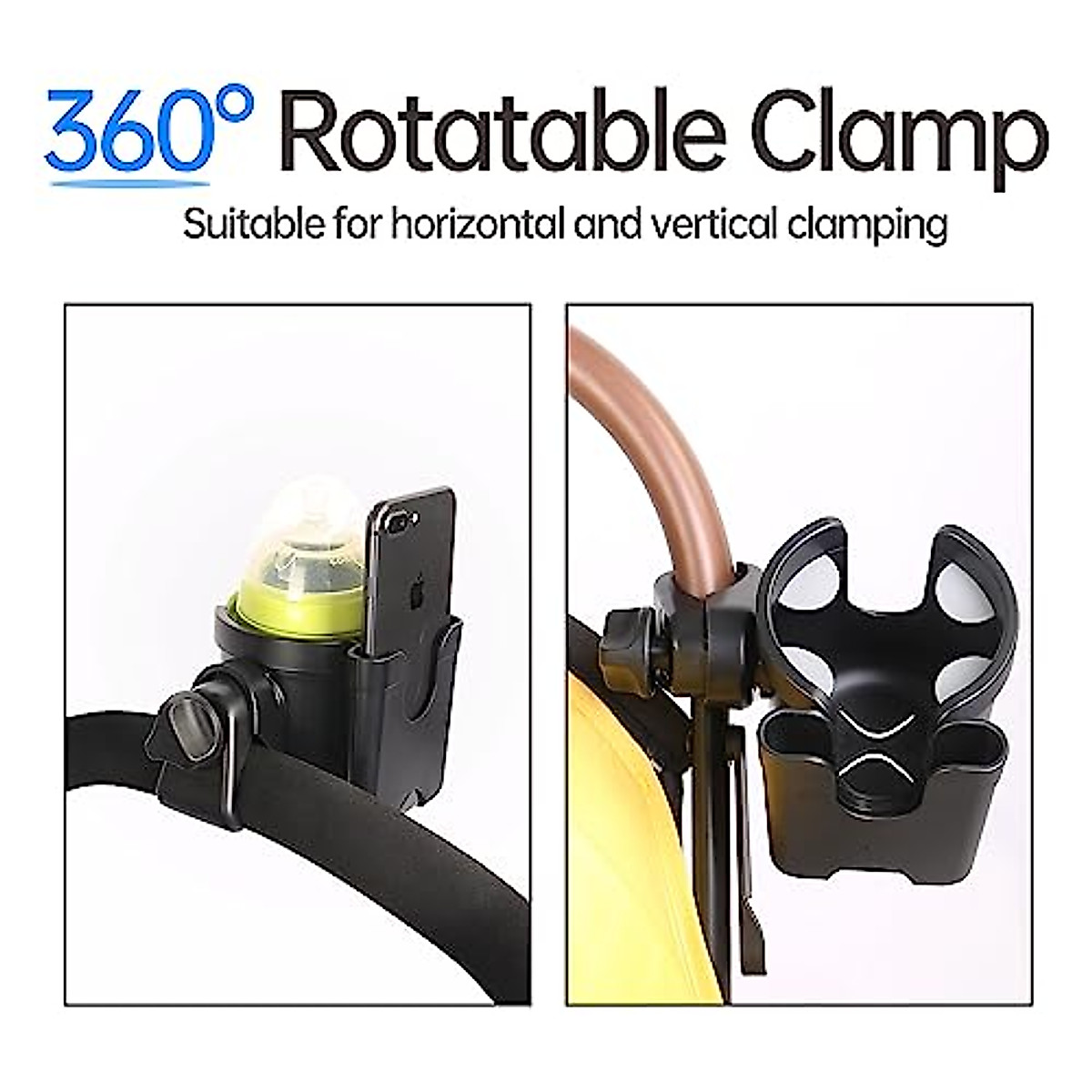 YUSOUWEY Stroller Cup Holder (2 in 1, with Phone Holder), Stability and Convenience Make Your Life Easier, Anti-Slip Clip, 360° Rotating, Suitable for Baby Strollers, Walkers, Shopping Carts