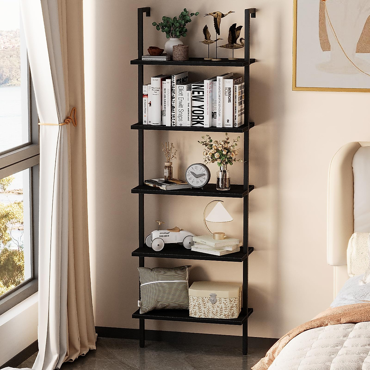 aboxoo Ladder Shelf Open 5-Tier Bookshelf Wall-Mounted Black Wood Bookcase Storage Rack Open Industrial Modern Plant Stand Utility Organizer Bookcase Metal Frame Furniture Office Bedroom