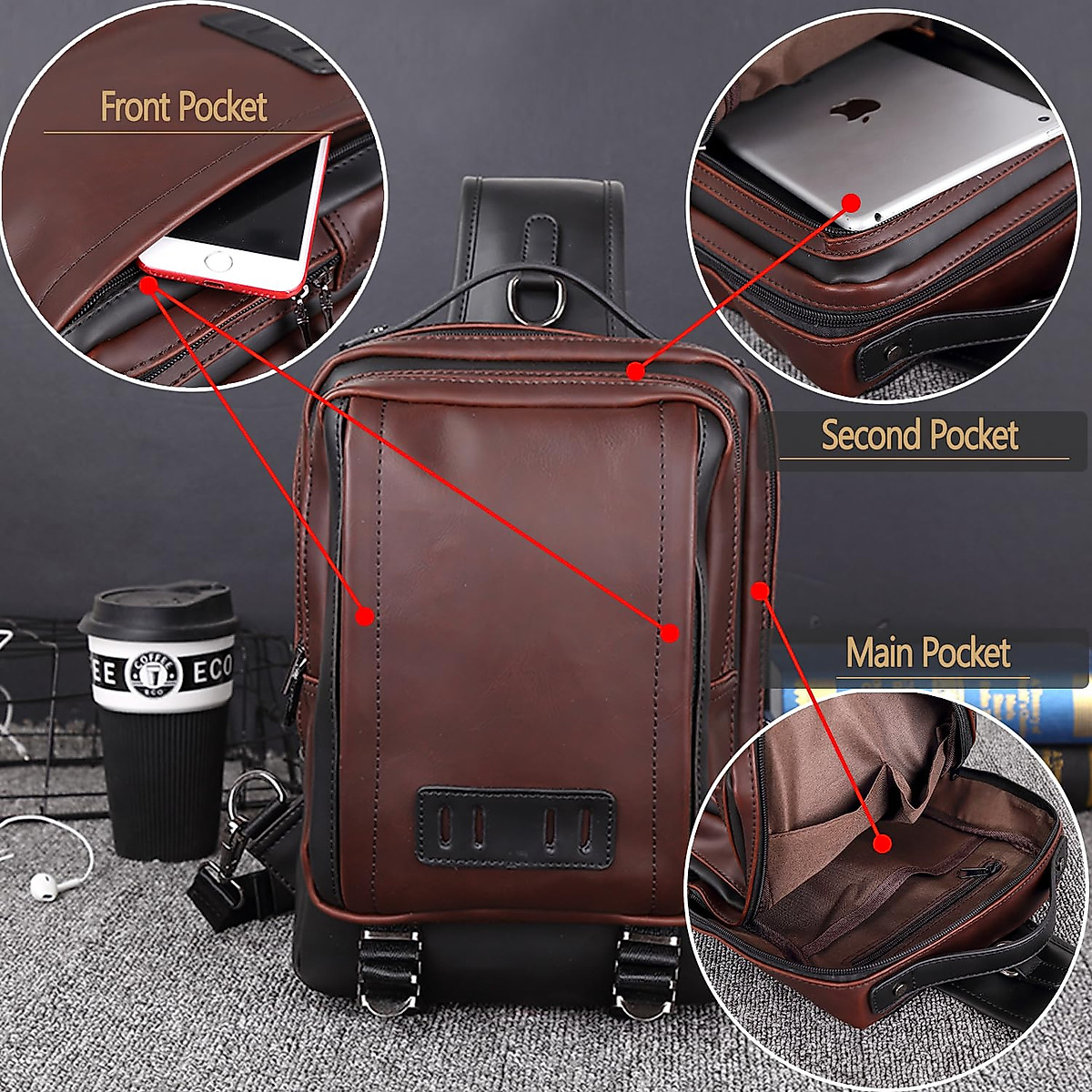 Leather Sling Bag, Casual Backpack Outdoor Crossbody Shoulder Bag Hiking Vintage Chest Bag Travel Camping Fishing Hunting (Brown)