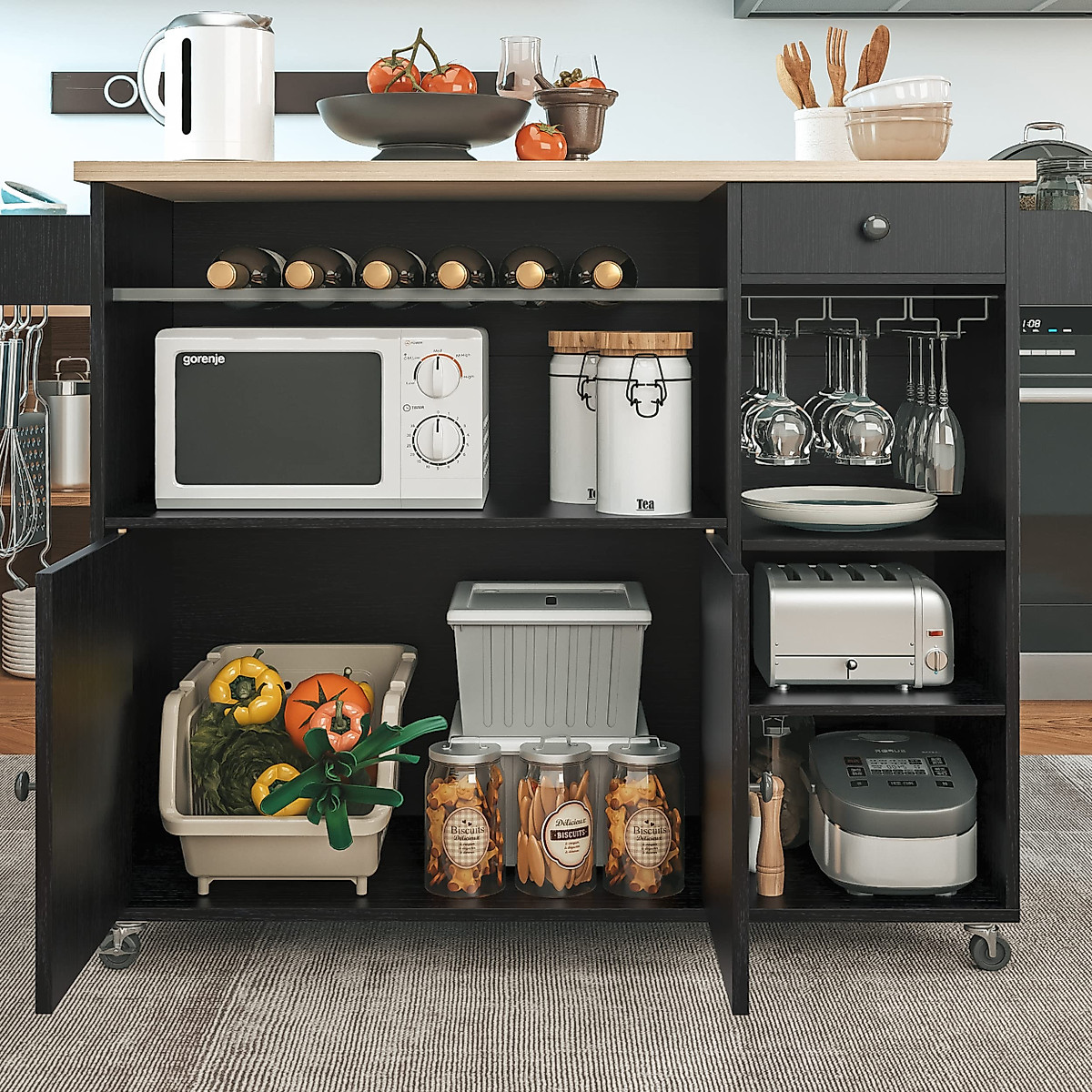 IRONCK Rolling Kitchen Island Cart with Drop-Leaf and Wine Rack, Microwave Rack Serving Cart on Wheels with Drawer & Shelves & Spice Rack & Cup Hanging, White