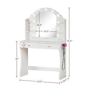 ALEXNUTRE Makeup Vanity Desk with Mirror and Lights, Vanity with Power Outlet, 3 Lighting Color Adjustable for Bedroom, Large Drawers and Storage Shelves, White