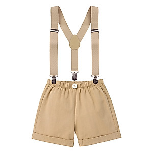 Cake Smash Outfit Boy 1st First Birthday Baby Jungle Theme Wild One Bow Tie Romper+Shorts+Y-Back Suspenders 3PCS Wedding Baptism Gentleman Formal Party Clothes Photo Props Khaki 12 Months