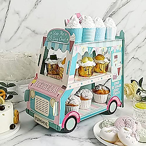 BalsaCircle 16-Inch Blue with Pink 3 Tier Cardboard Ice Cream Truck Cupcake Dessert Stand Wedding Party Events Decorations Supplies