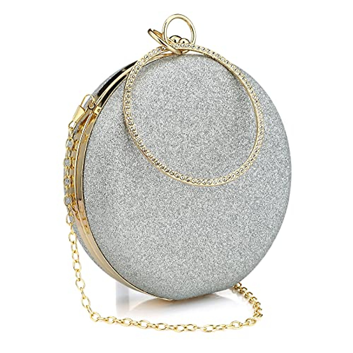 Women's Round Ball Clutch Rhinestone Ring Handle Designer Wristlets Handbag Purse Wedding Party Prom Evening Bag (Silver)