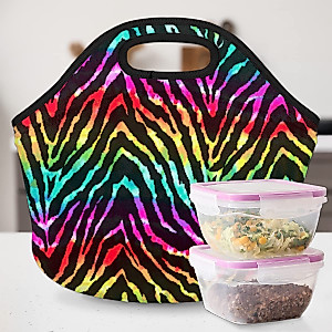 Insulated Neoprene Lunch Bag for Women Men Kids Rainbow Zebra Print Colorful Lunch Box Reusable Small Lunch Tote Bag Cooler Bag for School Work Picnic