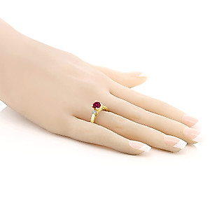 Gem Stone King 18K Yellow Gold Plated Silver Red Created Ruby and White Created Sapphire 3-Stone Engagement Ring For Women (1.10 Cttw, Round 6MM, Gemstone July Birthstone, Size 8)