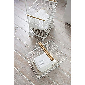 Yamazaki Home Laundry Basket Wagon-Large Storage Hamper Organizer | Steel + Wood | Short | Rolling Carts, White