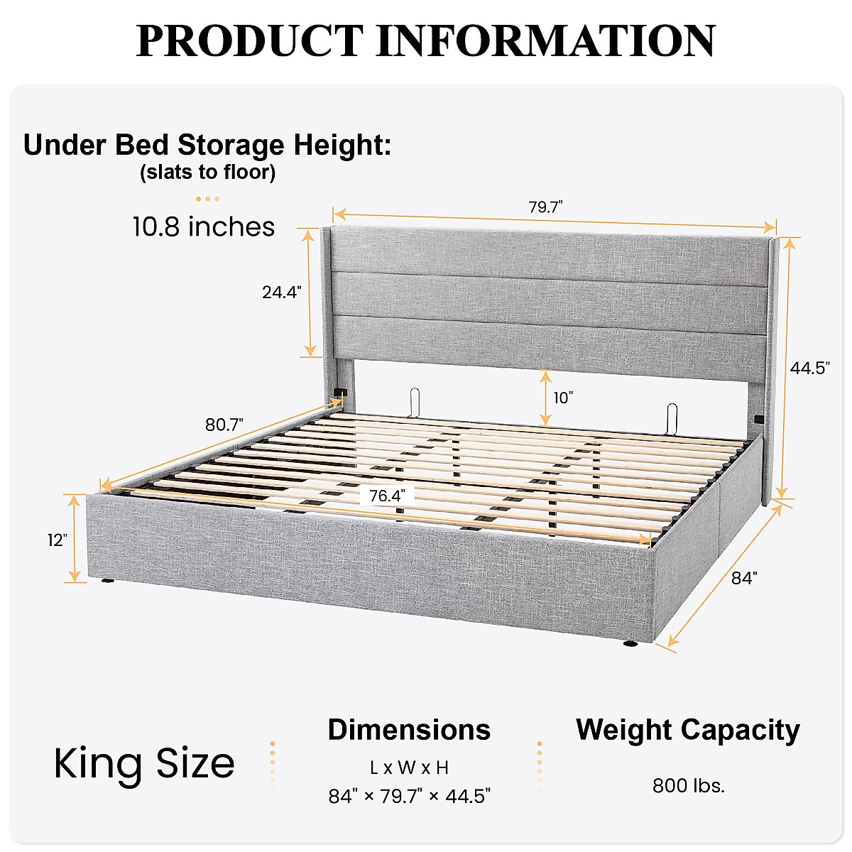 SHA CERLIN King Size Lift Up Storage Bed/Modern Wingback Headboard/Upholstered Platform Bed Frame/Hydraulic Storage/No Box Spring Needed/Wood Slats Support/Light Grey
