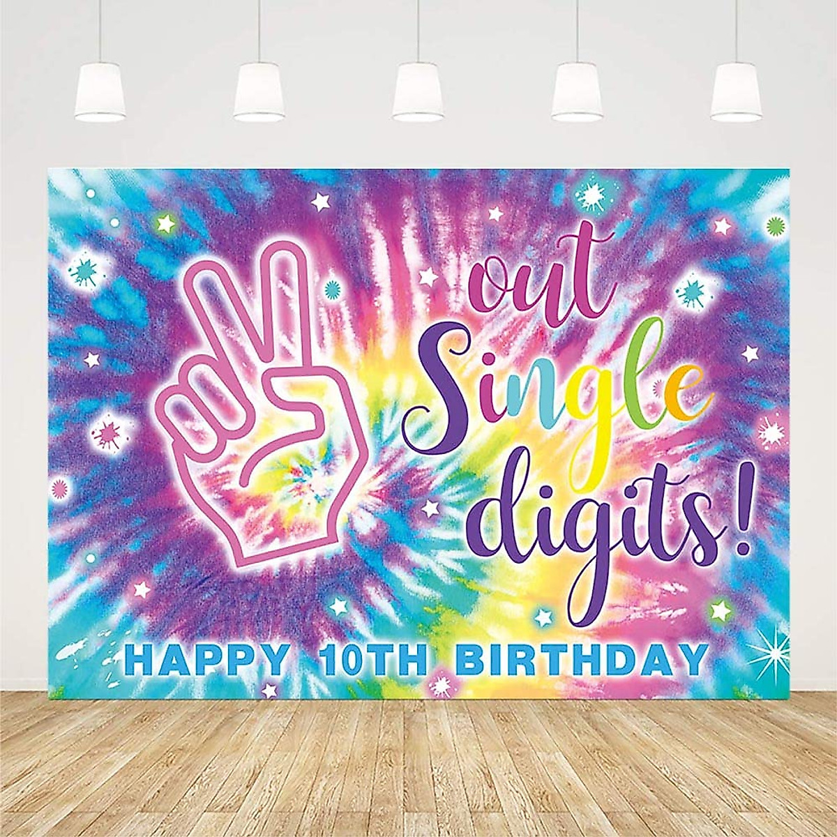 7x5ft Out Single Digits Backdrop Happy 10th Birthday Party Decorations Supplies for Baby Tie Dye Rainbow Neon It's My 10 Years Old Bday Photography Background Banner Photo Shoot Studio Props, Purple