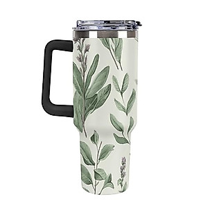40 Oz Vacuum Tumbler with Black Handle Leakproof Insulated Tumbler Green Flower Herb Sage Leaves Stainless Steel Travel Mug with Lid And Straw Coffee Cup Cute Water Bottles Cup Holder Friendly