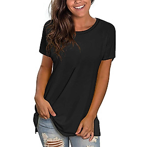 WNEEDU Womens T Shirts Short Sleeve Crewneck Loose Summer Tees Basic Tops(Black,S)