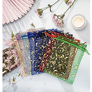Jexila 100PCS Moon Star Organza Bags 4''X6'' Mixed Color Small Jewelry Bags with Drawstring Mesh Gift Bags for Wedding Party Favor Candy Bags