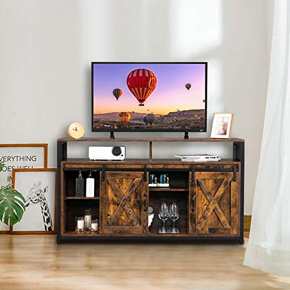 VINGLI Farmhouse TV Stand with Sliding Barn Doors for 65+ Inch TV Flat Screen, Rustic Entertainment Center Media Console Table Cabinet w/Adjustable Shelves (Rustic Brown)