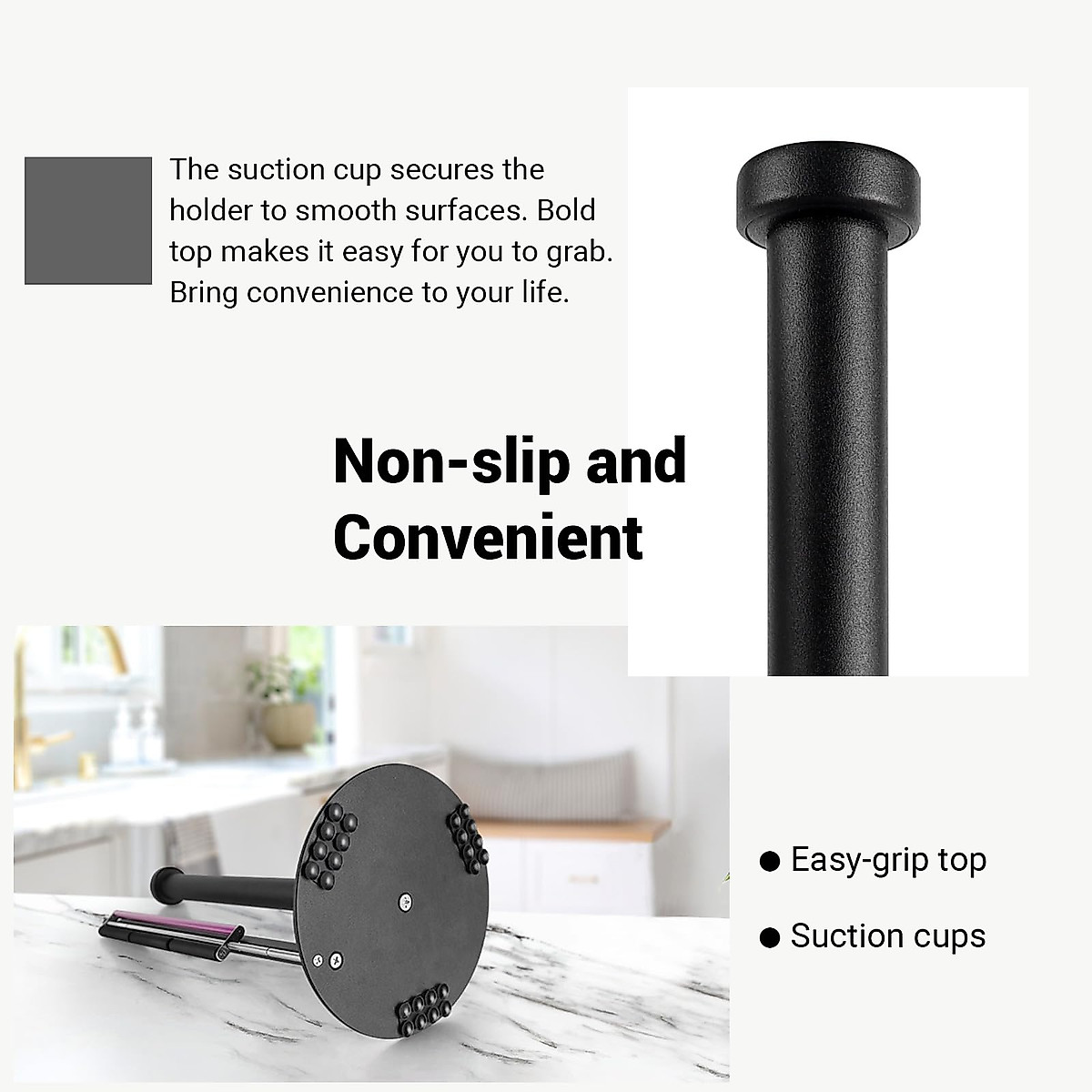 LOEFME Paper Towel Holder Stand, Easy One-Handed Tear Paper Towel Holder Countertop with Suction Cups, Stainless Steel Paper Towel Rack for Kitchen and Dining Room Table, Black
