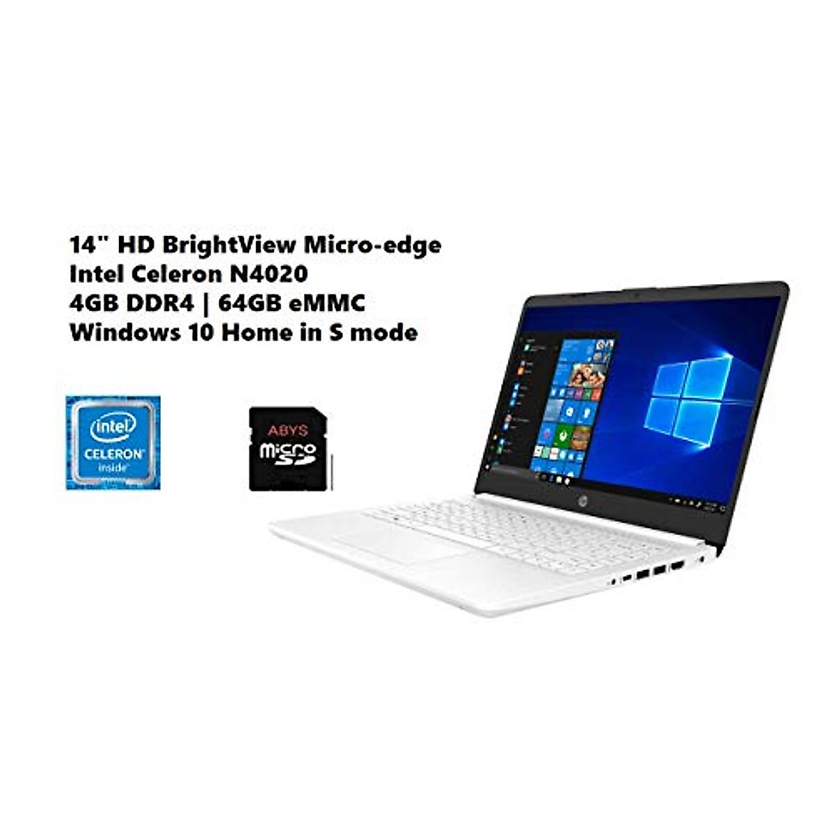 HP 14" HD (1366 x 768) BrightView Micro-Edge Laptop, Intel Celeron N4020, 4GB DDR4, 64GB eMMC, WiFi, Bluetooth, Webcam, USB 3.1 Type C, HDMI, Media Card Reader, Windows 10 S, 64GB ABYS MicroSD Card