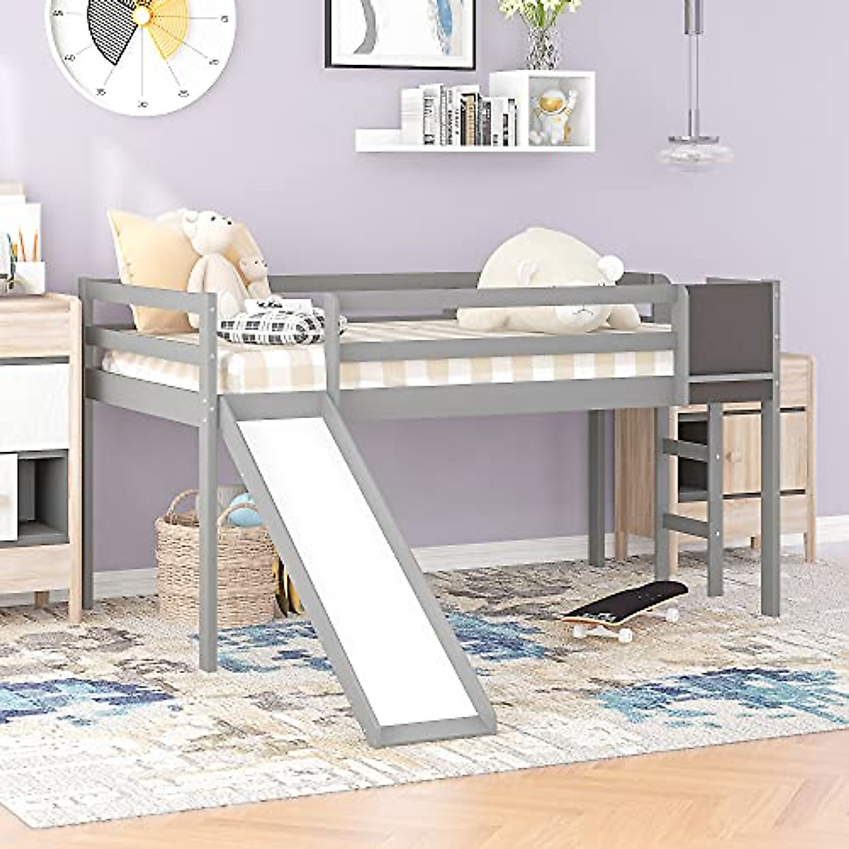 Eafurn Loft Bed with Slide, Kids Twin Loft Bed with Ladder, Low Loft Bed with Slide and Chalkboard, Solid Pine Wood Space Saving Kids Bed Frame for Boys, Girls
