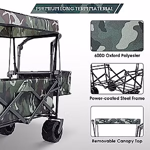 Arlopu Collapsible Garden Cart w/Removable Canopy, Extra Large Folding Utility Wagon Carts w/7" Wheels, Heavy Duty Outdoor All Terrain Beach Wagon for Camping, Shopping, Picnic, Sports (Camouflage)