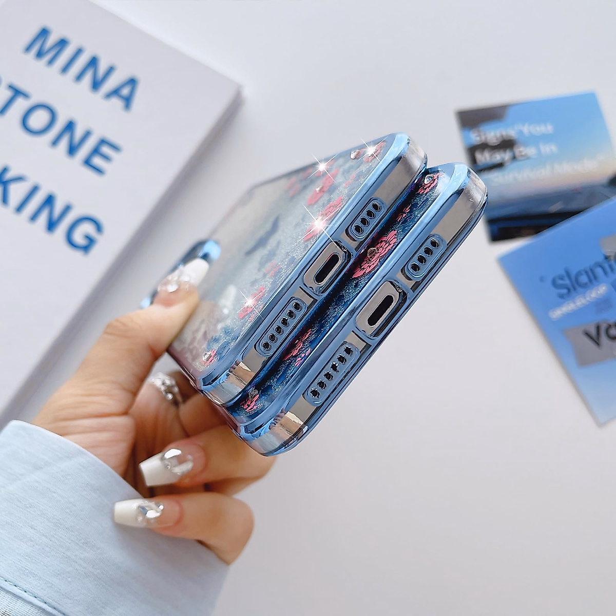 for Samsung Galaxy A13 5G Case, A13 Phone Case for Women Gradual Change Glitter Crystal TPU Stylish Butterfly Floral Heart Clear Protective Cover with Strap for Samsung Galaxy A13 5G (Sierra Blue)