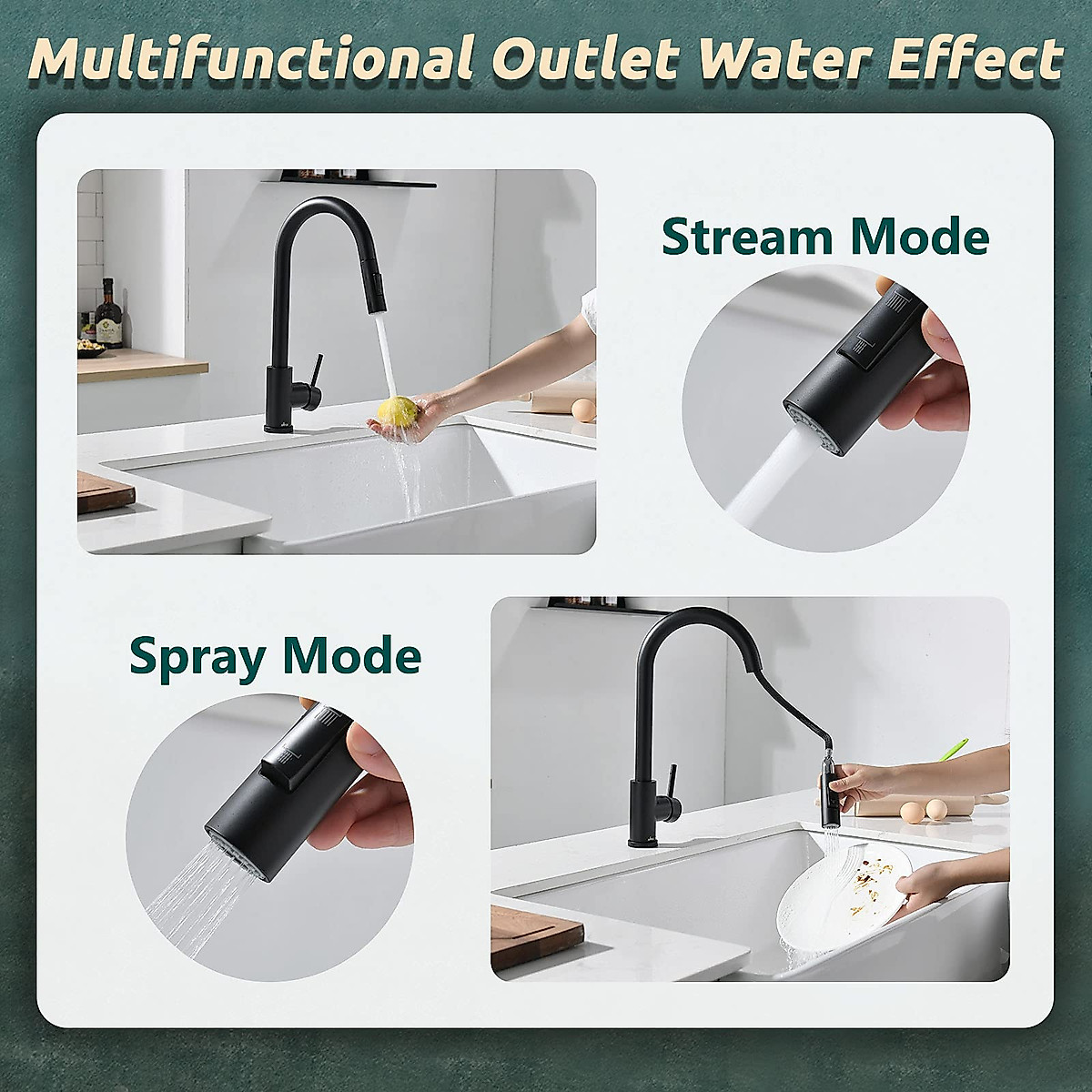 APPASO Black Kitchen Faucet, Modern Kitchen Faucet with Pull Down Sprayer Matte Black, Single-Handle High Arc Gooseneck Modern Kitchen Sink Faucet with Deck Plate