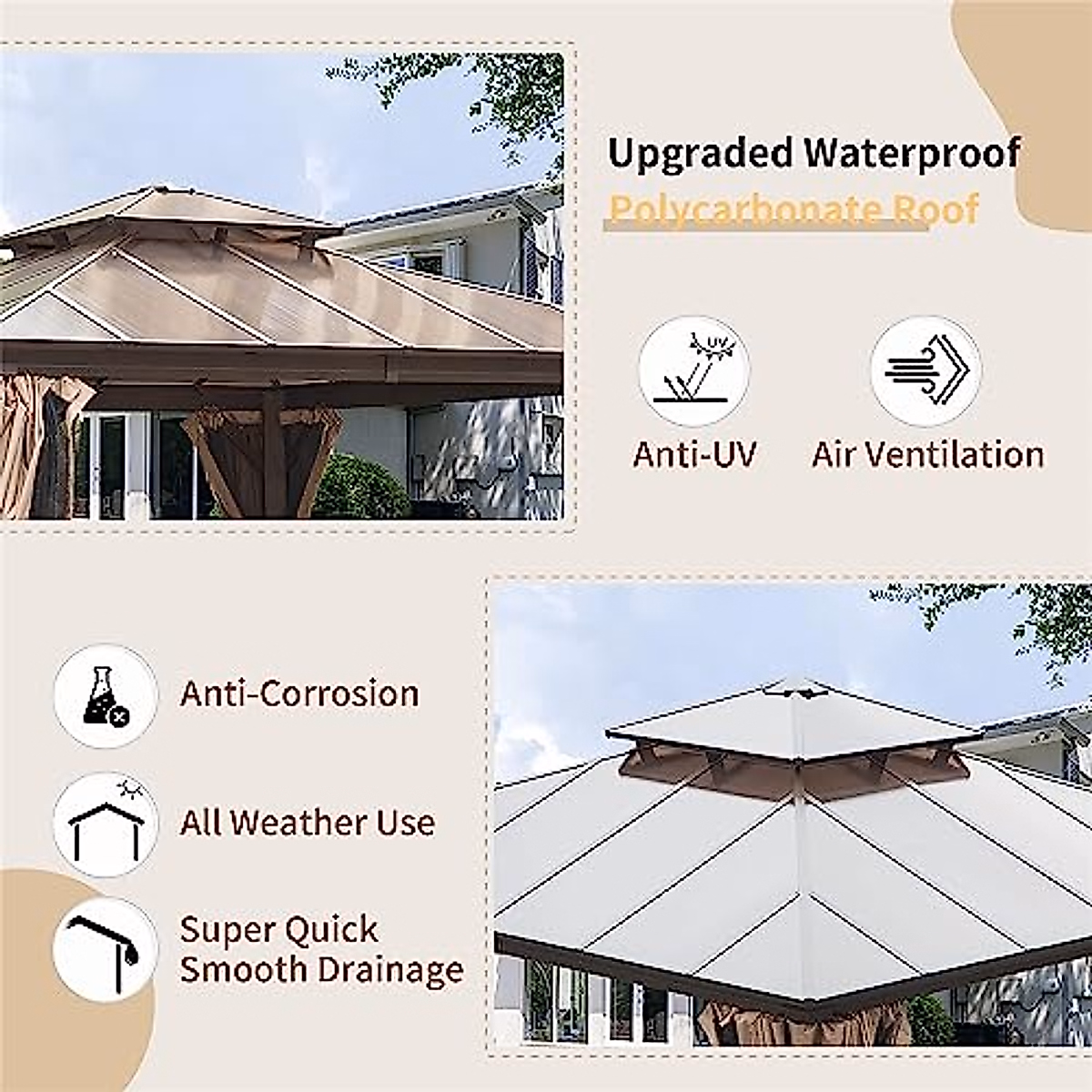 Goohome 12'x12' Hardtop Gazebo, Permanent Outdoor Gazebo with Polycarbonate Double Roof, Aluminum Gazebo Pavilion with Curtain and Net, Hard Top Waterproof Pergola Shade and Rain for Lawn, Poolsides