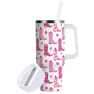 ARGTILDN 40 oz Tumbler Western Cowboy Boots Flowers Insulated Travel Mug with Handle and Straw Lid Stainless Steel Vacuum Coffee Cup Tea Beverage Container Water Bottles for Car Sports office