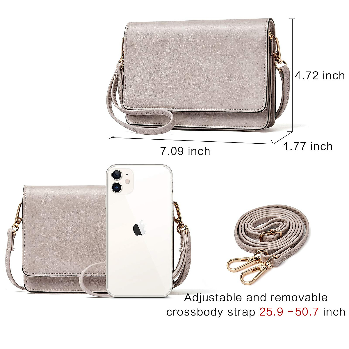 BROMEN Small Crossbody Bags for Women Cell Phone Purse Wristlet Wallet Clutch Purse Grey
