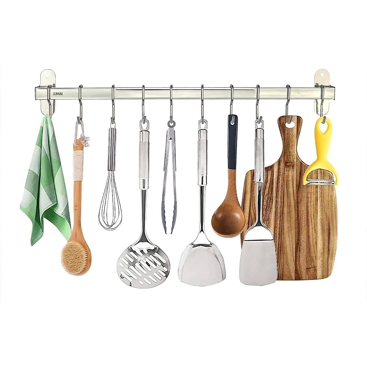 LUMAI Kitchen Rail with Hooks (10 hooks): Utensil Rack, Kitchen Utensil Hanger, Pot and Pan Hanging Rack, Pot Hangers for Kitchen, Pot Rack Wall Mounted, Pot Rack Hanging, Pan Hanger, Wall Pot Rack